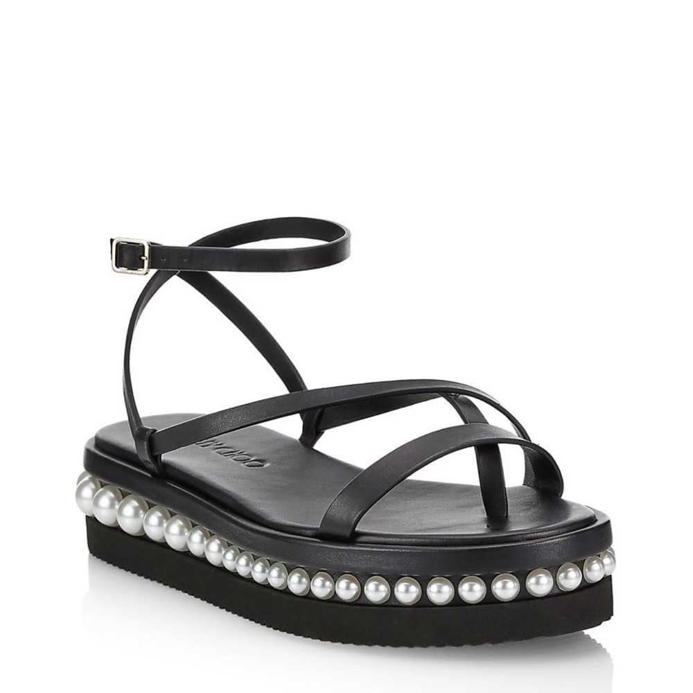 Jimmy Choo Black Leather Pearl Platforms Sandals - Gem